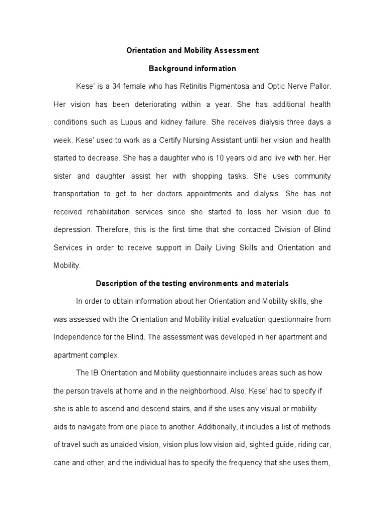 Orientation and Mobility Assessment Report | PDF | Vision | Medical ...