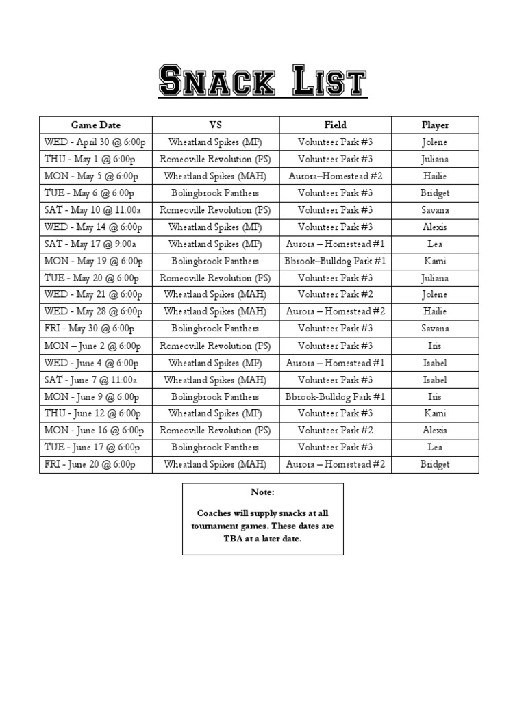 Youth Softball Snack Schedule | PDF