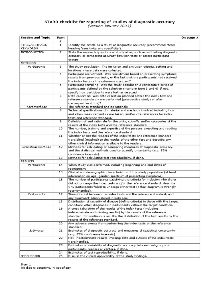 STARD Checklist | Download Free PDF | Evaluation | Analysis