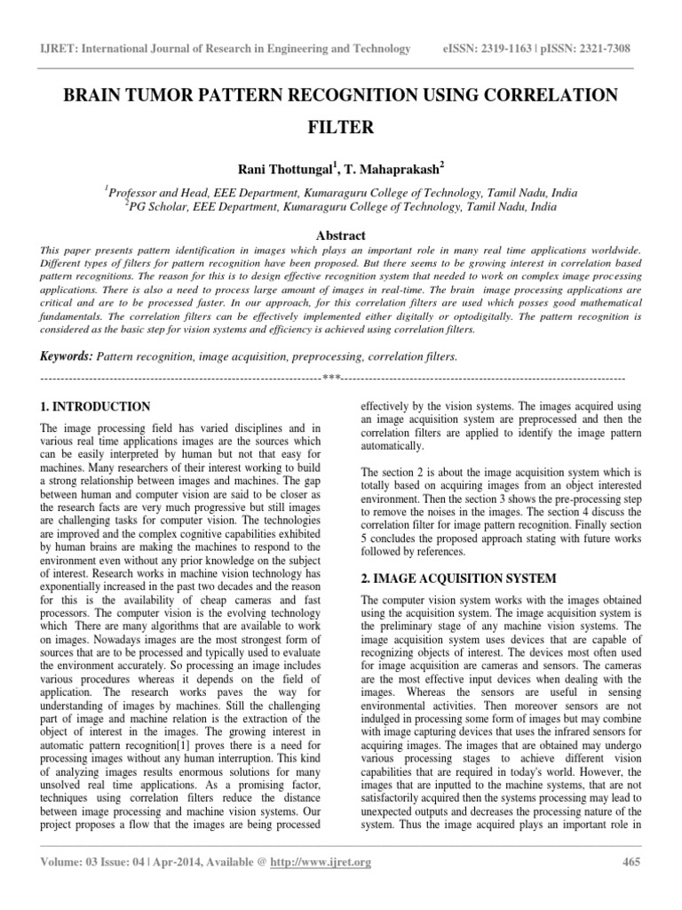 Brain Tumor Pattern Recognition Using Correlation Filter Pdf