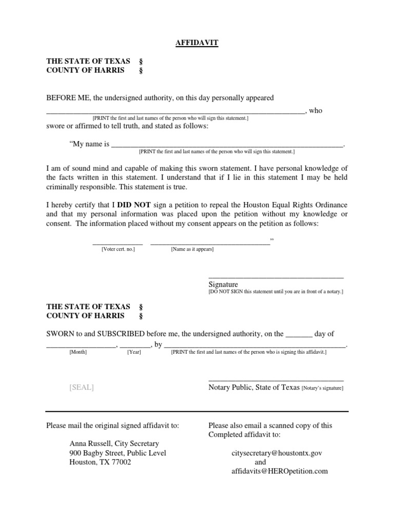 Affidavit The State of Texas County of Harris : (SEAL) | PDF