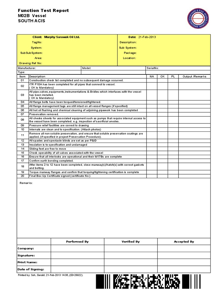 Vessel Function Test Report Summary | PDF