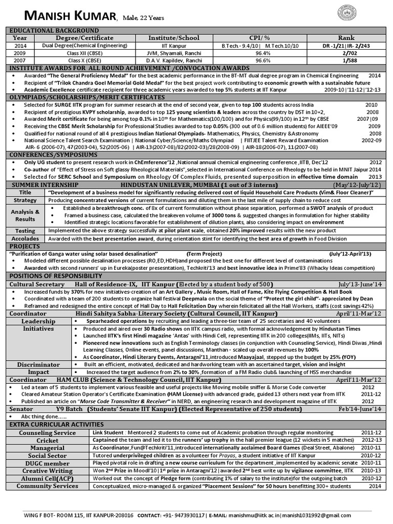 Manish Iit Kanpur Sample CV | PDF | Academia | Science