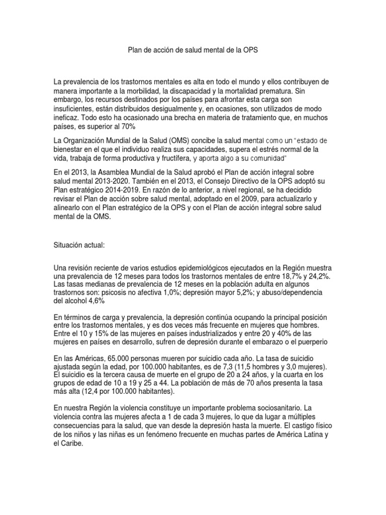 Plan de Acción de Salud Mental de La OPS | Descargar gratis PDF | Salud ...