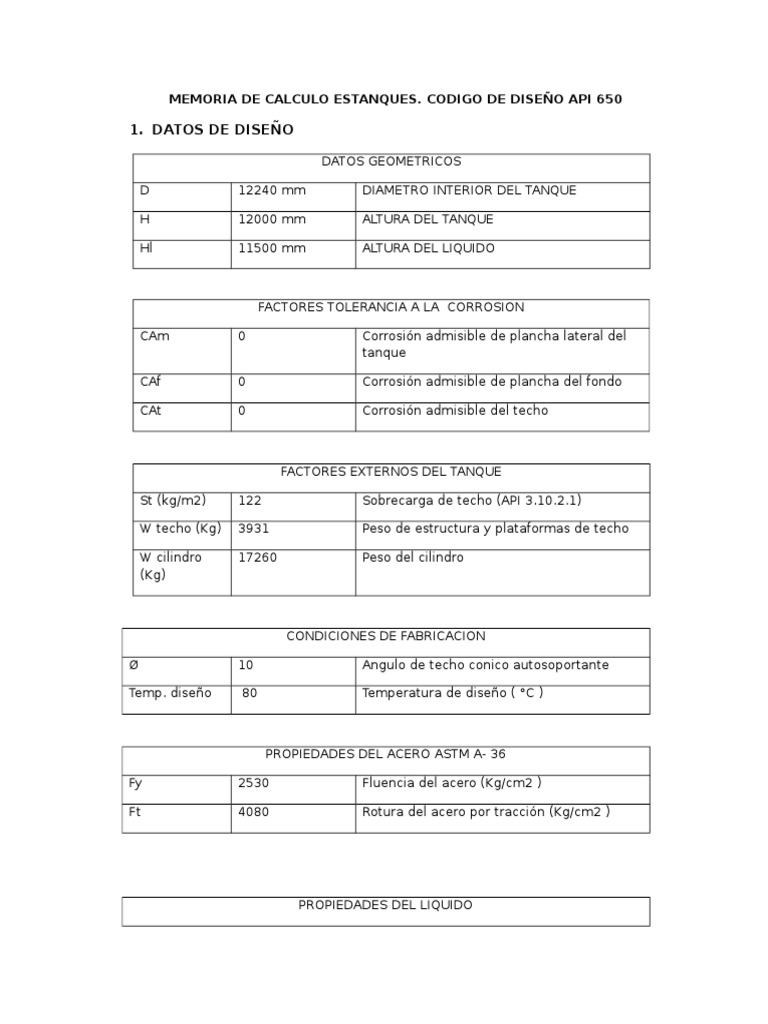 Calculo Tanques Norma API 650 | PDF