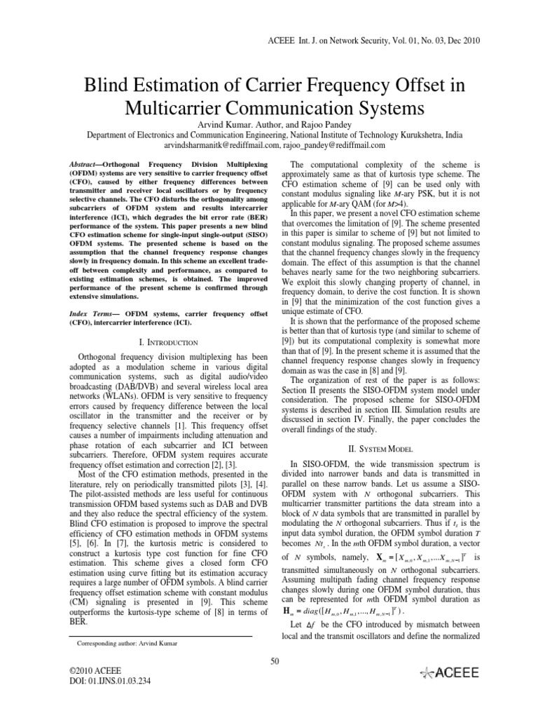 Blind Estimation Of Carrier Frequency Offset In Multicarrier Communication Systems Pdf