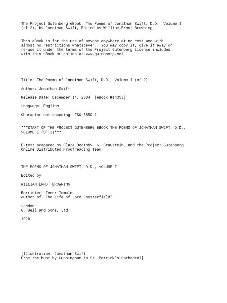 The Poems of Jonathan Swift, D.D., Volume 1 by Swift, Jonathan, 1667-1745 | PDF | Jonathan Swift ...