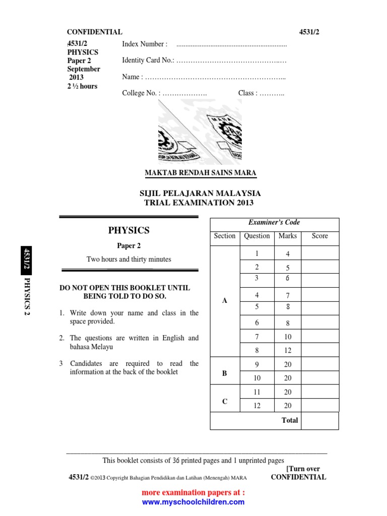 Physics Paper 2 Trial SPM 2013 MRSM e | PDF | Teaching Methods ...