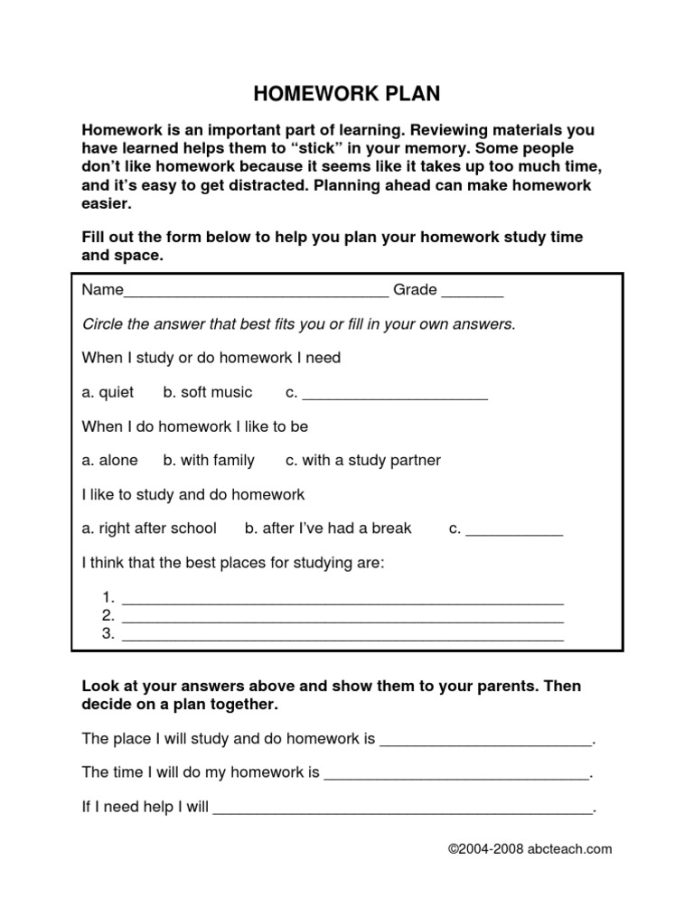 Homework Plan: Circle The Answer That Best Fits You or Fill in Your Own ...