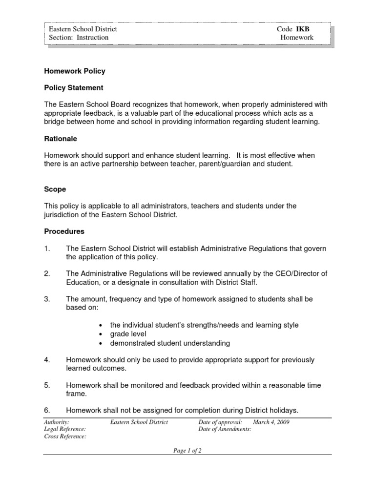 Eastern School District Homework Policy | PDF | Homework | Teachers