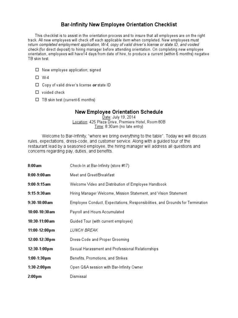 Bar-Infinity Employee Orientation Checklist | PDF