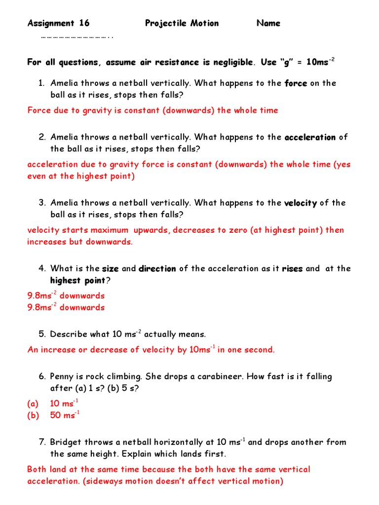 Asst 16 Projectile Motion Ans | PDF | Acceleration | Velocity