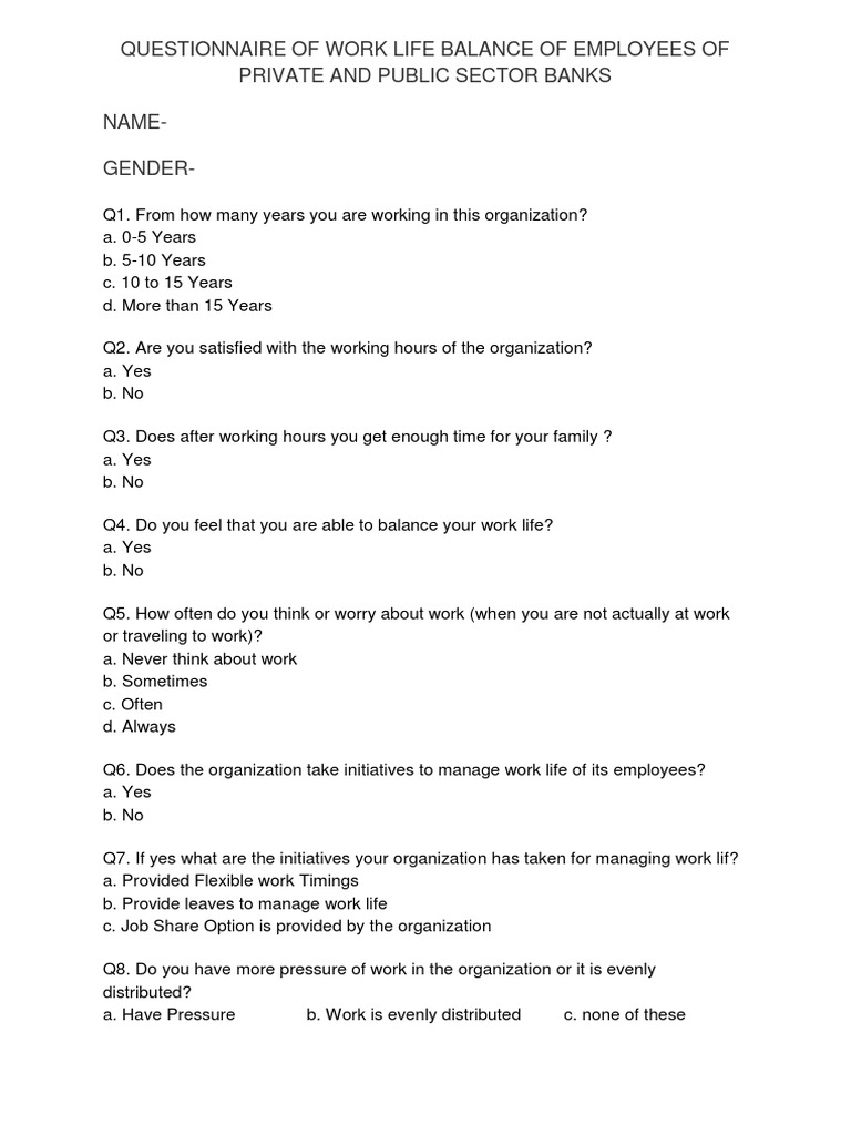 Work-Life Balance Questionnaire for Employees | PDF