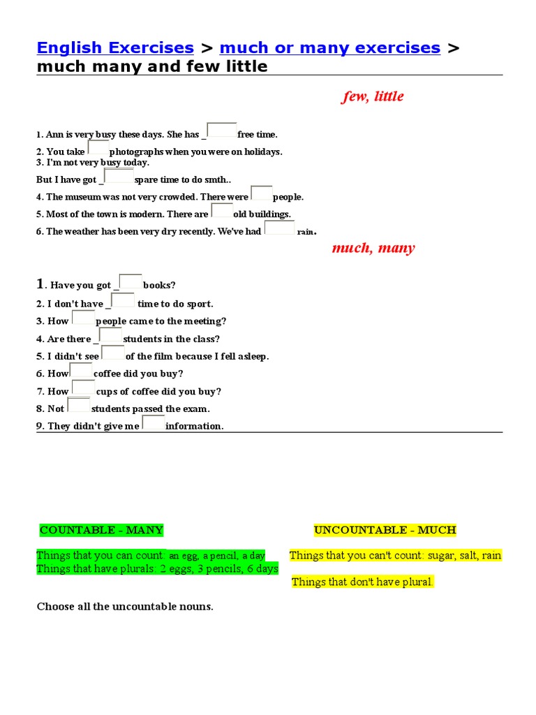 English Exercises Much or Many Exercises | PDF | Linguistic Morphology ...