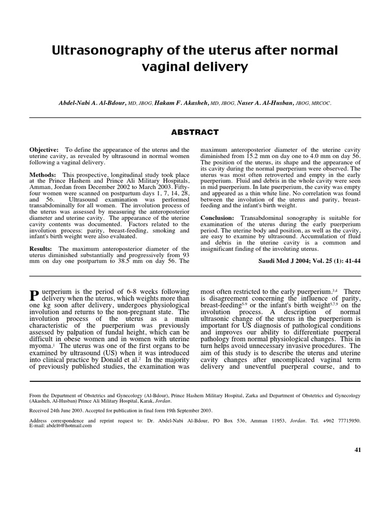 Ultrasonographic Evaluation Of Normal Postpartum Uterine Involution A