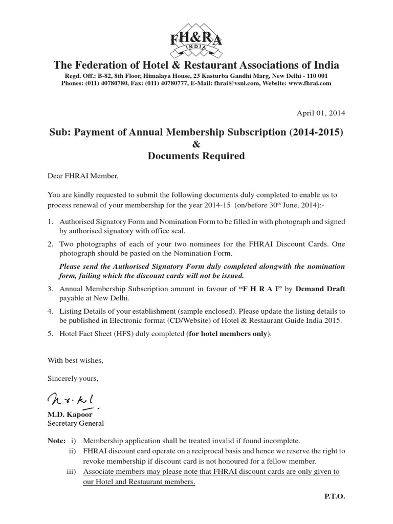 FHRAI Membership Renewal Guidelines | PDF | Travel Agency | Credit Card