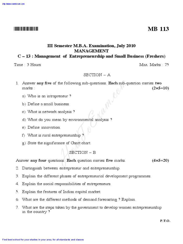 MBA-3rd Sem Question Paper | Entrepreneurship | Market (Economics)
