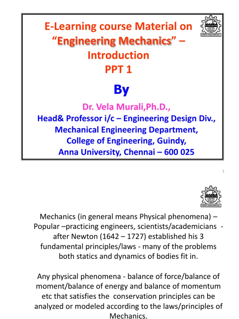 E-Learning Course Material On "Engineering Mechanics" - PPT 1 | PDF ...