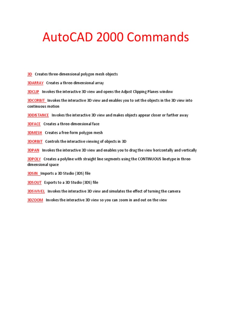 Autocad 2000 Commands: 3D 3darray 3dclip 3dcorbit | PDF | 3 D Computer Graphics | Autodesk 3ds Max