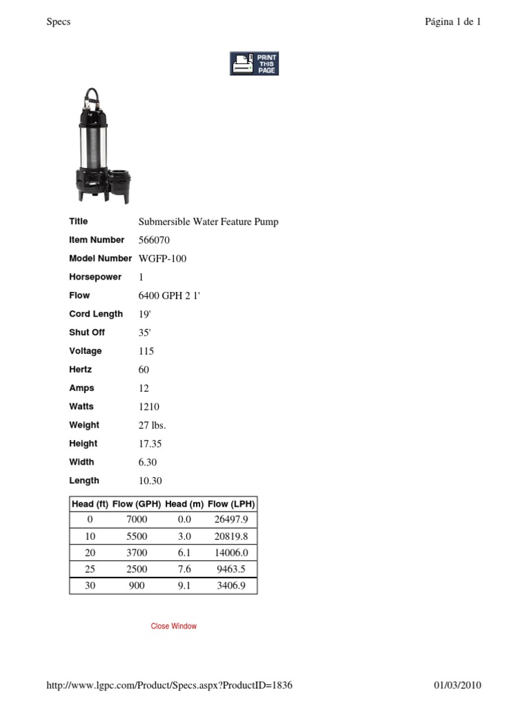 Submersible Water Feature Pump Specs | PDF