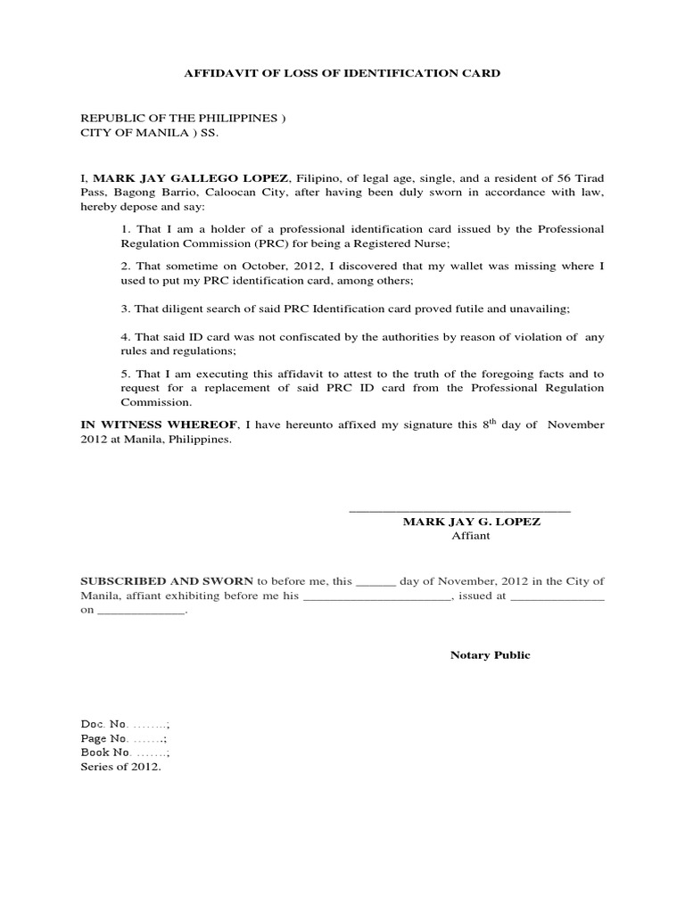 Affidavit of Loss of Identification Card | PDF | Law