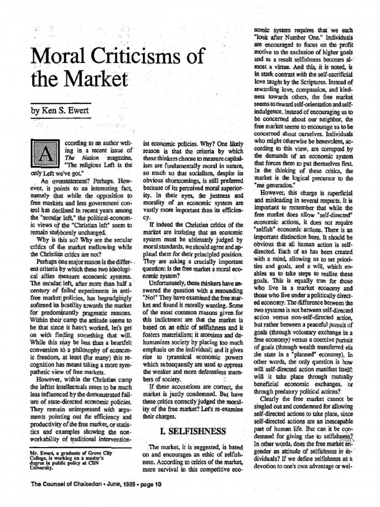 1989 Issue 5 - Moral Criticisms of The Market - Counsel of Chalcedon | PDF | Wage | Labour Economics
