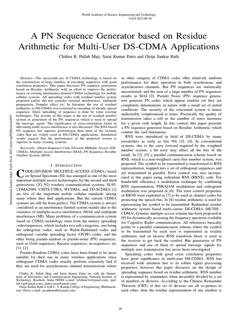 A PN Sequence Generator Based On Residue Arithmetic For Multi User DS CDMA Applications | PDF ...