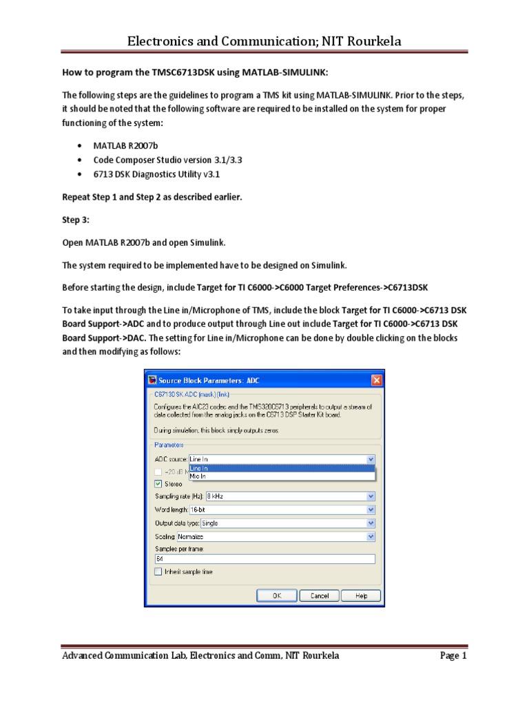 A Guide To Programming The Tms320c6713 Digital Signal Processor Kit Using Matlab Simulink Pdf