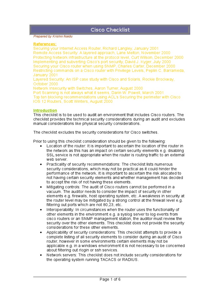Cisco Checklist | PDF