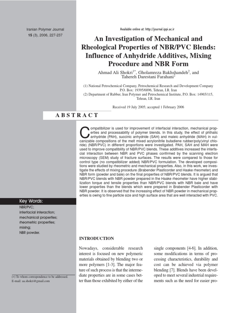 NBR/PVC Blends: Properties & Mixing Effects | PDF | Polyvinyl Chloride ...