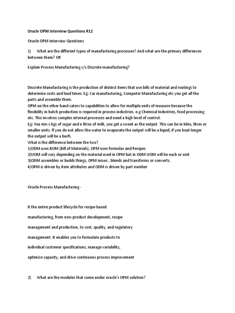 Oracle OPM Interview Questions R12 | PDF | Inventory | Production And ...