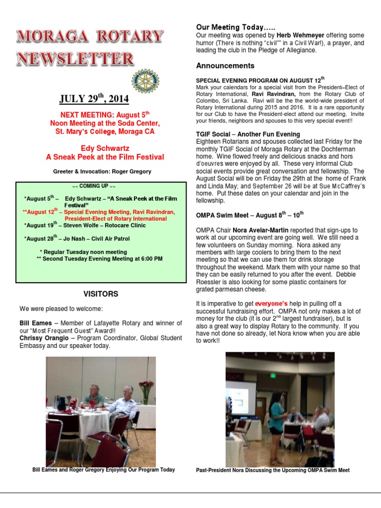 Moraga Rotary Newsletter July 29 2014 | PDF