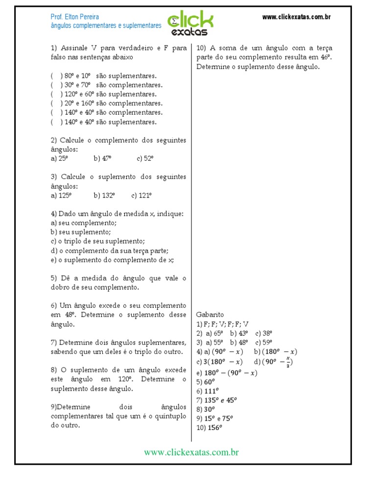 Lista Exercicios Angulos Complementares Suplementares