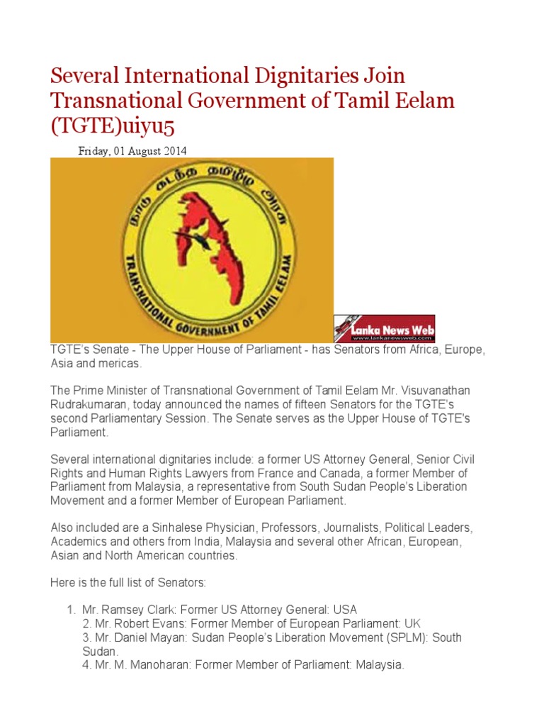 TGTE Senate Welcomes Global Dignitaries | PDF | Tamils | Sri Lanka