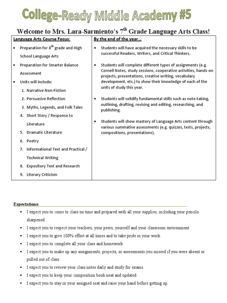 7th Grade Language Arts Syllabus | PDF | Educational Assessment | Homework
