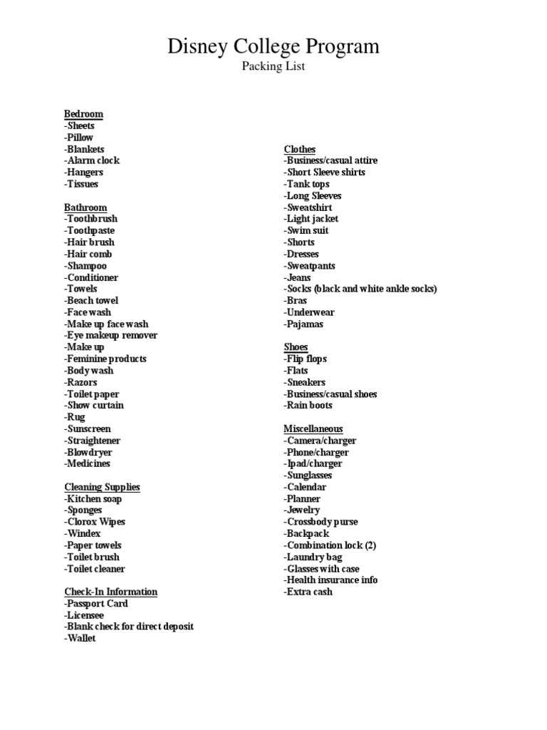 Disney College Program: Packing List | PDF | Business | Social Science