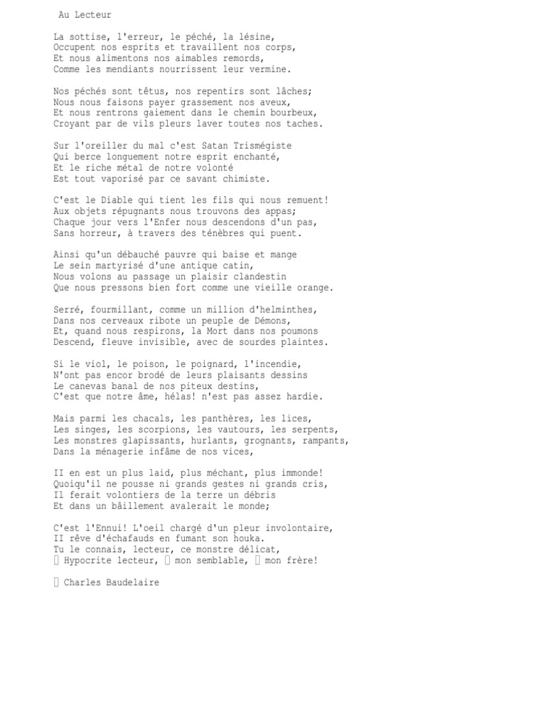 Au Lecteur - Charles Baudelaire 1857 | PDF | Droit | Poésie