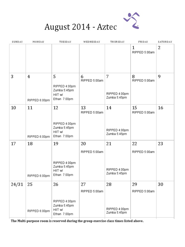 Group Ex Calendar August Aztec | PDF | Cooking, Food & Wine | Wellness