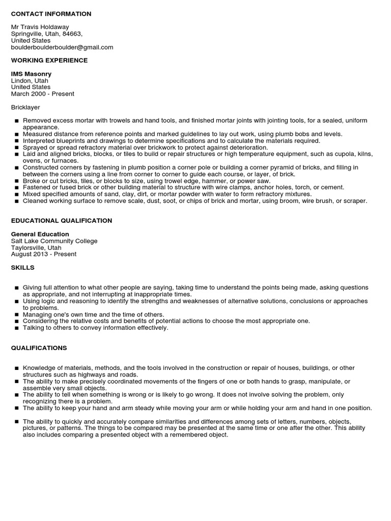 Travisholdaway Resume | PDF | Brick | Mortar (Masonry)