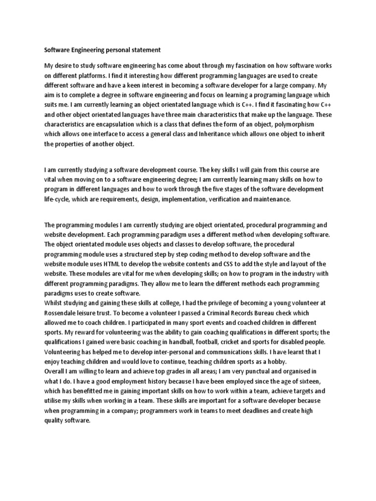 Software Engineering Personal Statement | PDF | Object Oriented Programming | Object (Computer ...