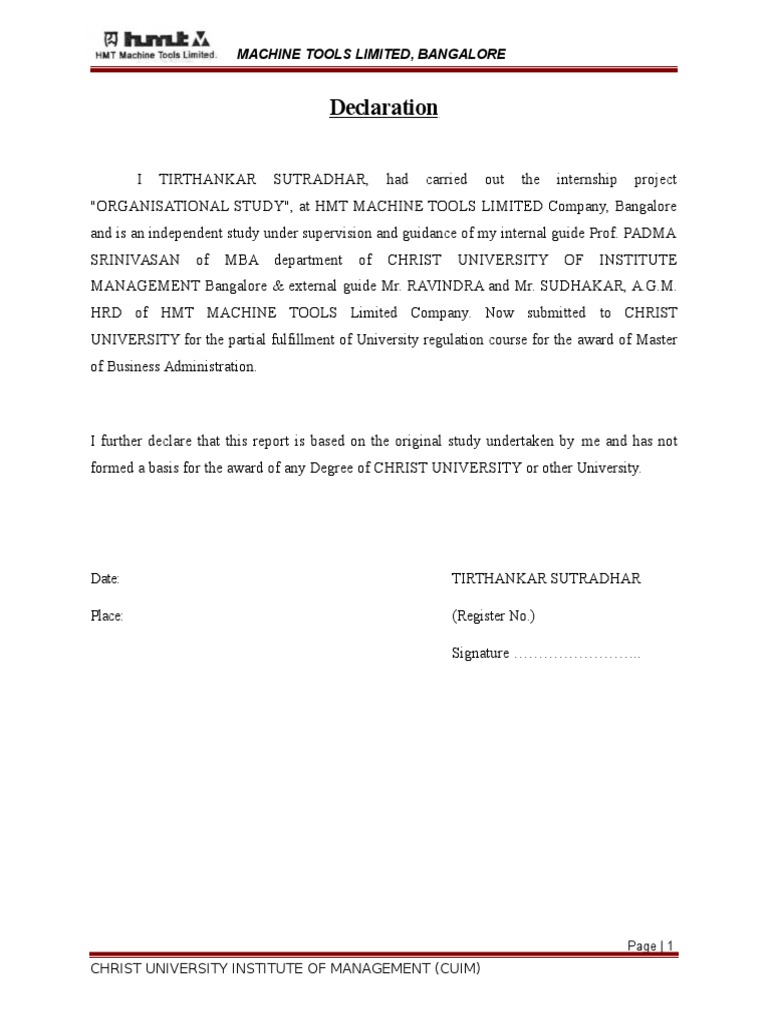 Declaration: Machine Tools Limited, Bangalore | PDF | Business