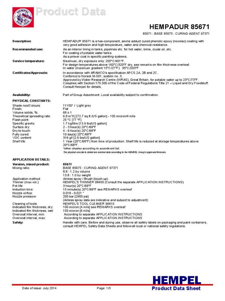 HEMPADUR 85671 en-epoxy Phenolic | Paint | Abrasive