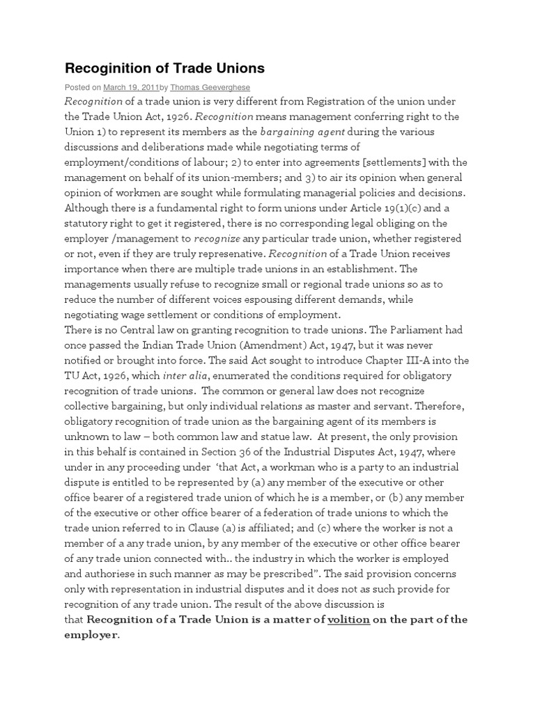 Recognition of Trade Union | PDF | Trade Union | Collective Bargaining