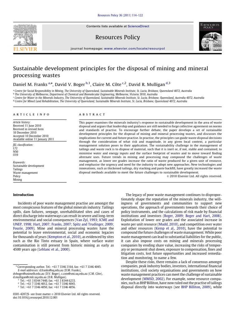 Sustainable Principles for Mining Waste Disposal: Developing Guidelines ...