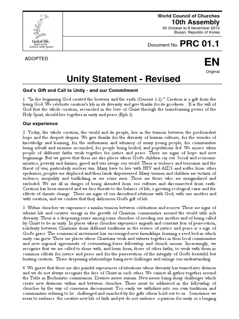 PRC 01 - 1 ADOPTED Unity Statement | PDF | Catholic Church | Christian ...