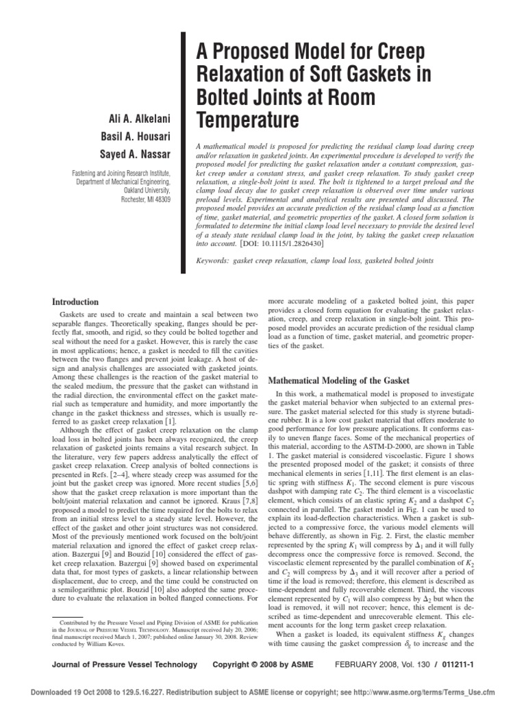 A Proposed Model For Creep Relaxation of Soft Gaskets in Bolted Joints ...