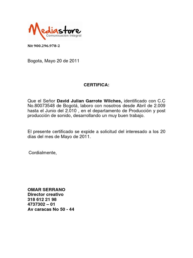 Formato De Carta De Certificacion Laboral