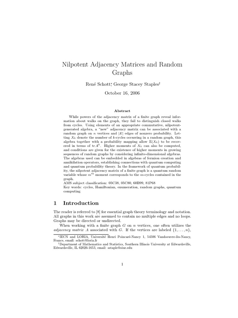 Nilpotent Adjacency Matrices And Random Graphs Pdf Matrix Mathematics Graph Theory
