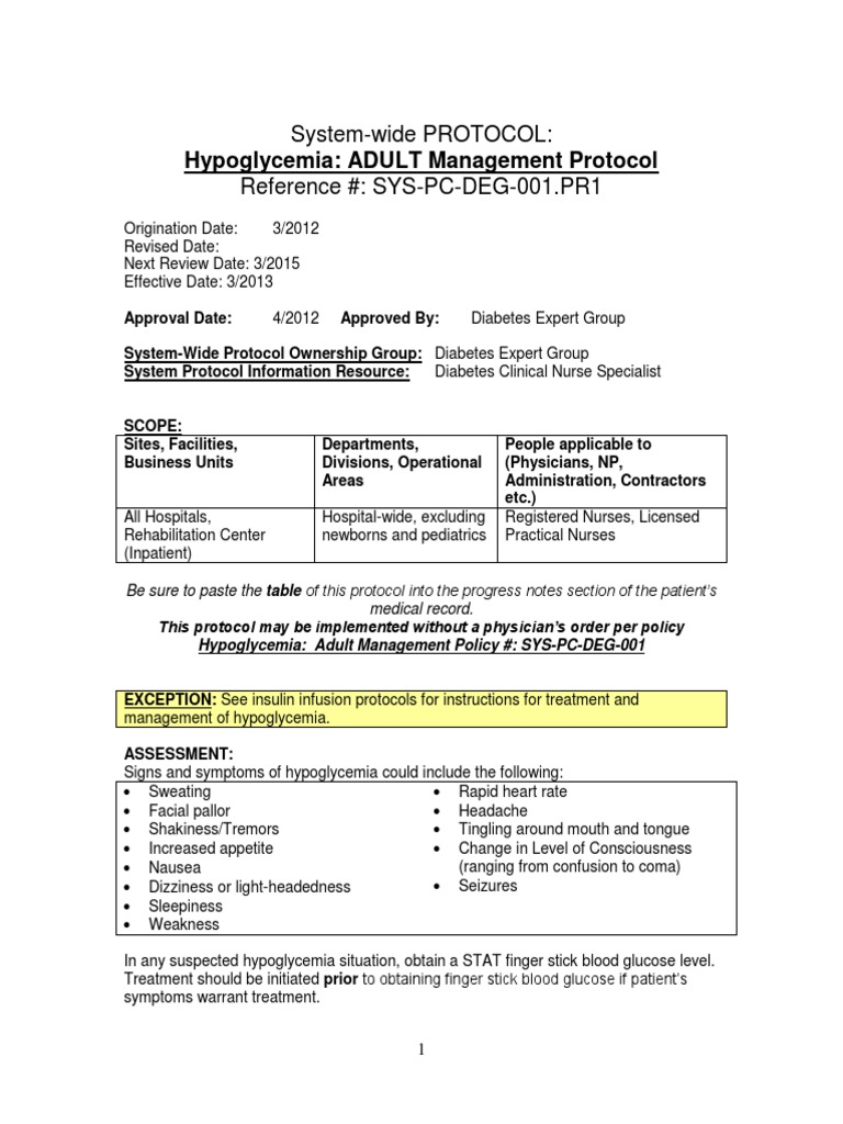 Adult Hypoglycemia Management Protocol | Hypoglycemia | Diabetes Mellitus