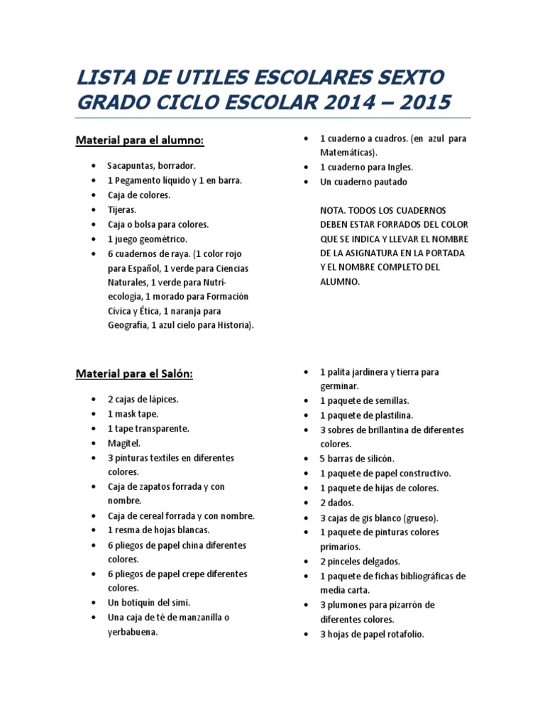 Lista De útiles Escolares 6to Grado Lista De útiles Escolares 5to Y
